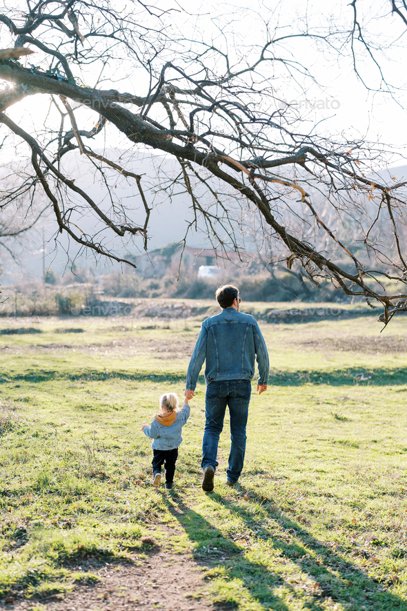 Dad and a little girl walk through the lawn holding hands past a tree ...