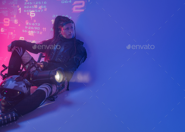 Futuristic Woman with Projector and Helmet in Digital Symbol ...