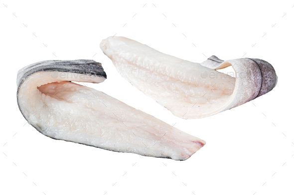 Two raw haddock fish fillets on kitchen table. Isolated, white ...
