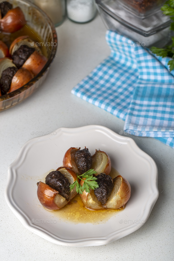 Traditional Turkish food; Onion kebab (Turkish name; Sogan kebabi ...