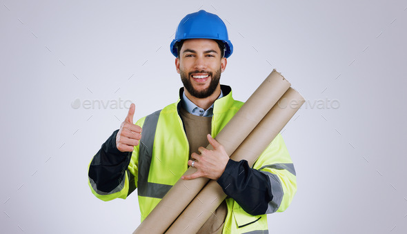Engineering, man and thumbs up for architecture success, renovation and ...