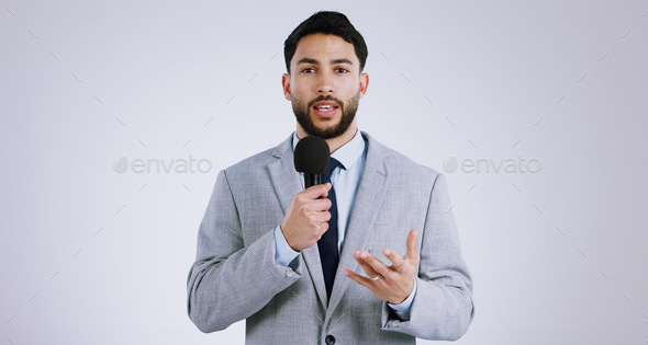Portrait, man and reporter for news for white background with mic for ...
