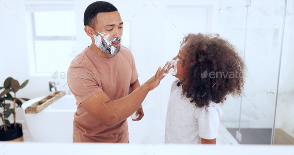 Soap, washing face and father with girl in bathroom for skincare ...