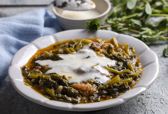 Traditional Turkish cuisine purslane dish with yoghurt (Turkish name ...