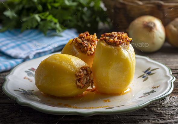 Traditional delicious Turkish food; stuffed potatoes (Turkish name ...