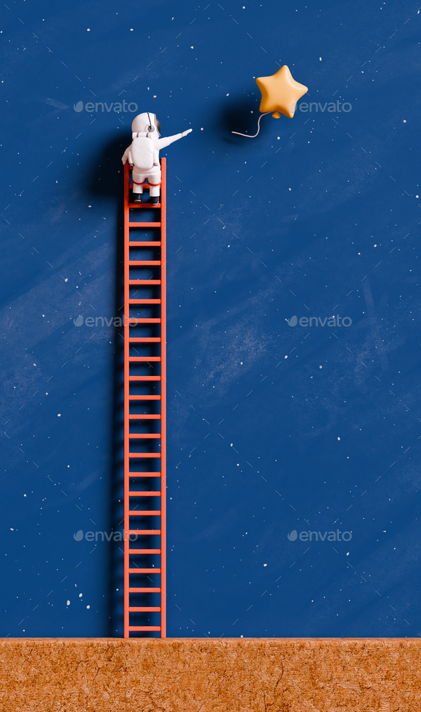 Astronaut on a red ladder reaching for a star shaped balloon Stock ...
