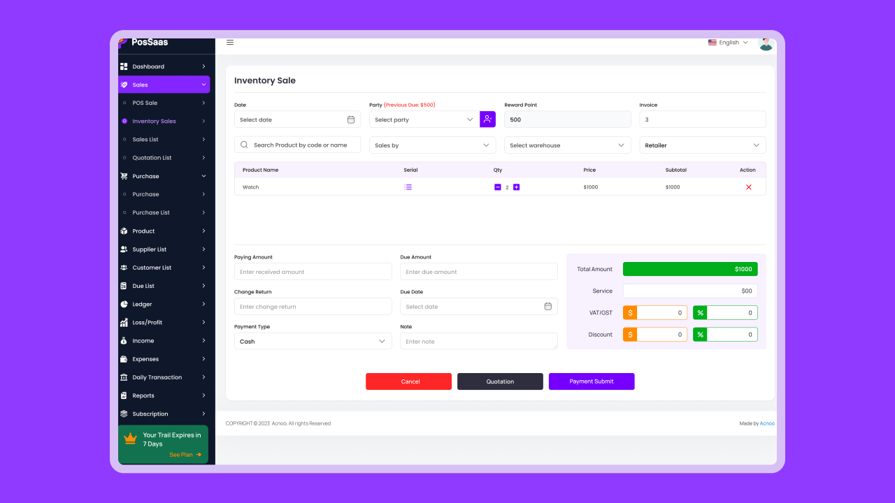POS SAAS - Flutter POS Billing Inventory Software with HRM App+Web+Super Admin by Acnoo