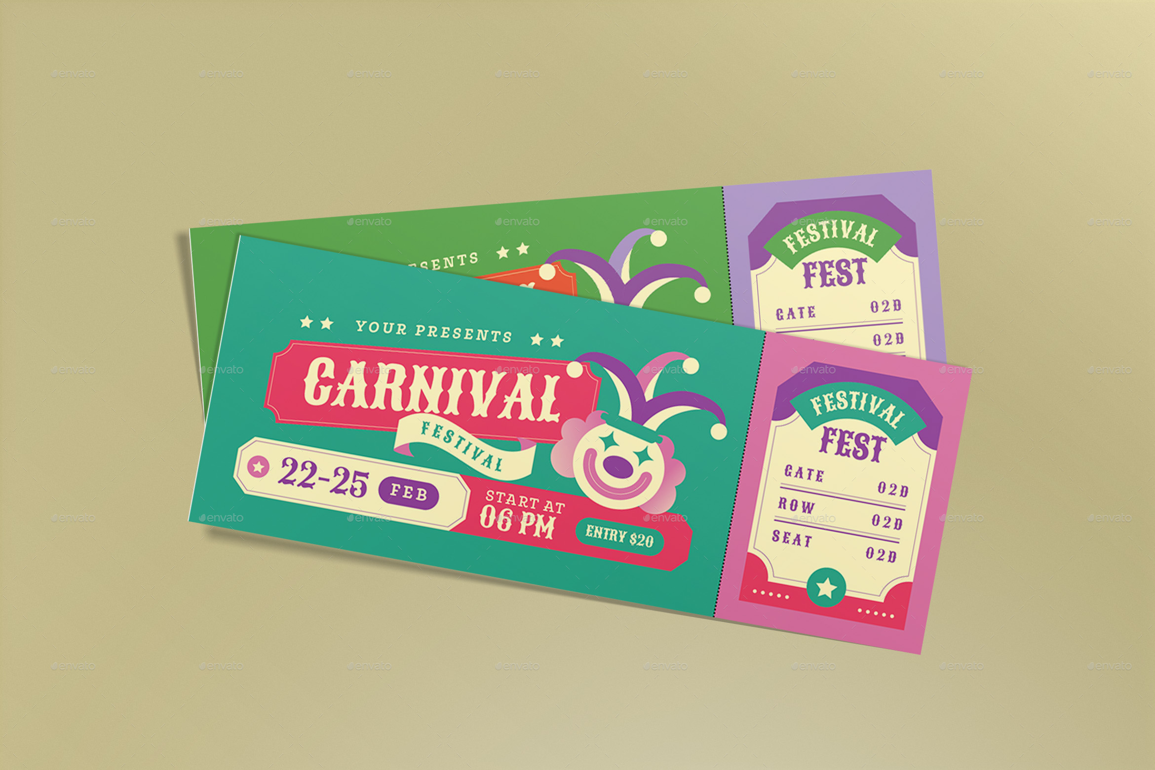 Alternative Color Playful Flat Design Carnival Ticket, Print Templates