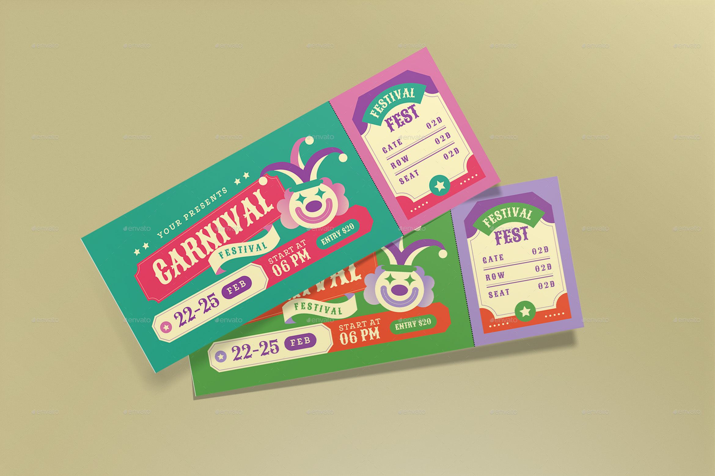 Alternative Color Playful Flat Design Carnival Ticket, Print Templates