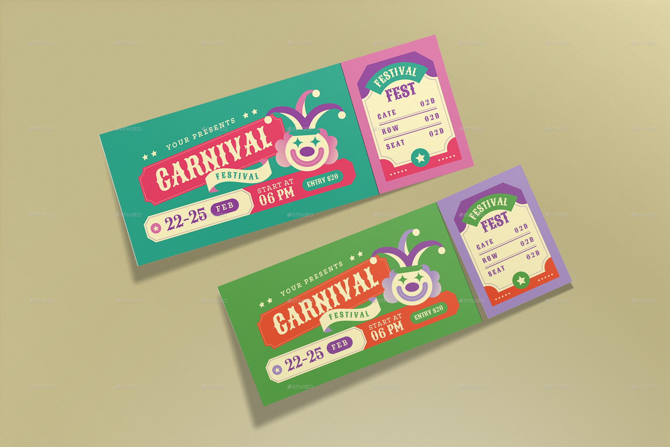 Alternative Color Playful Flat Design Carnival Ticket, Print Templates