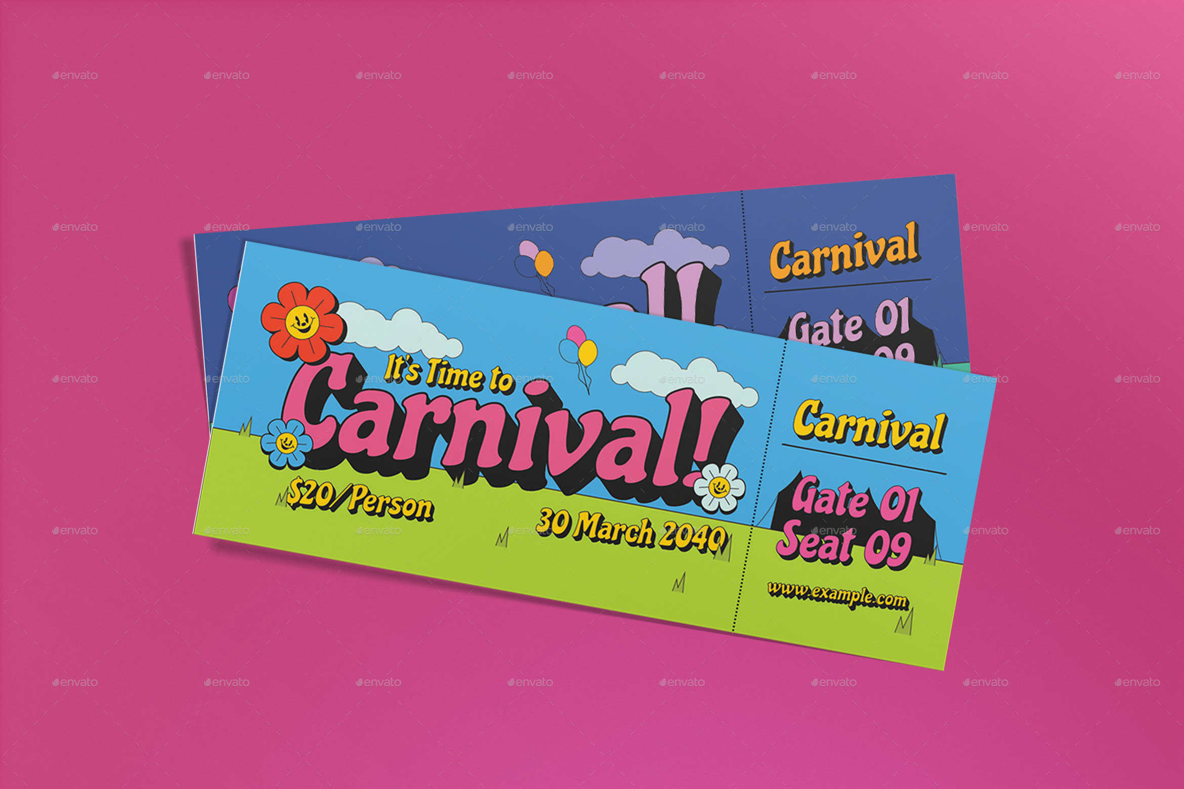 Blue Flat Design Carnival Ticket, Print Templates | GraphicRiver