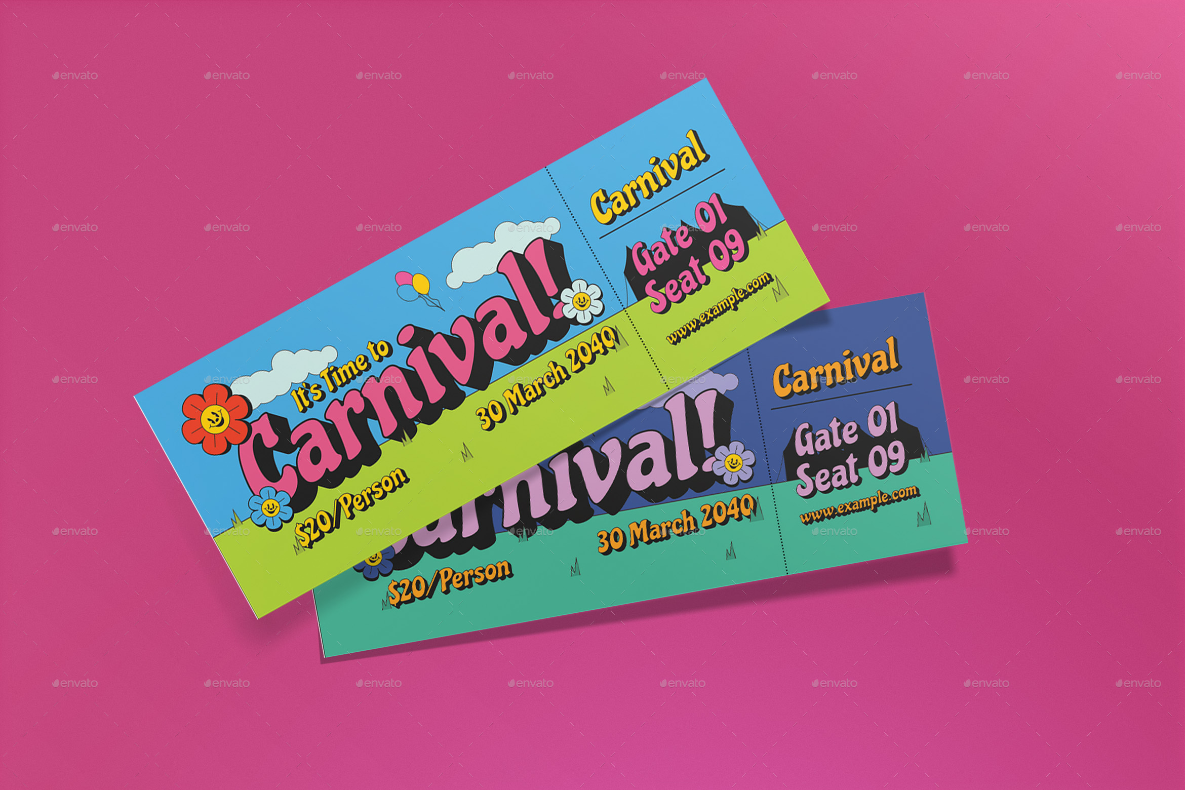 Blue Flat Design Carnival Ticket, Print Templates | GraphicRiver