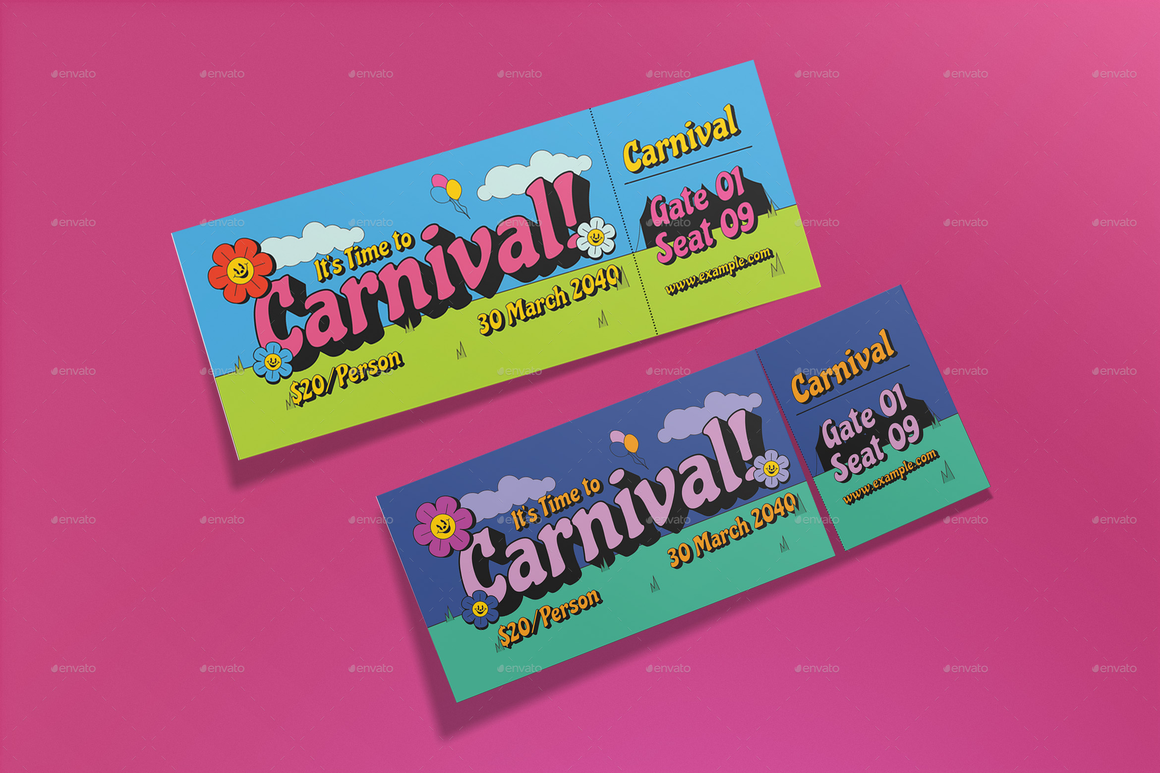 Blue Flat Design Carnival Ticket, Print Templates | GraphicRiver