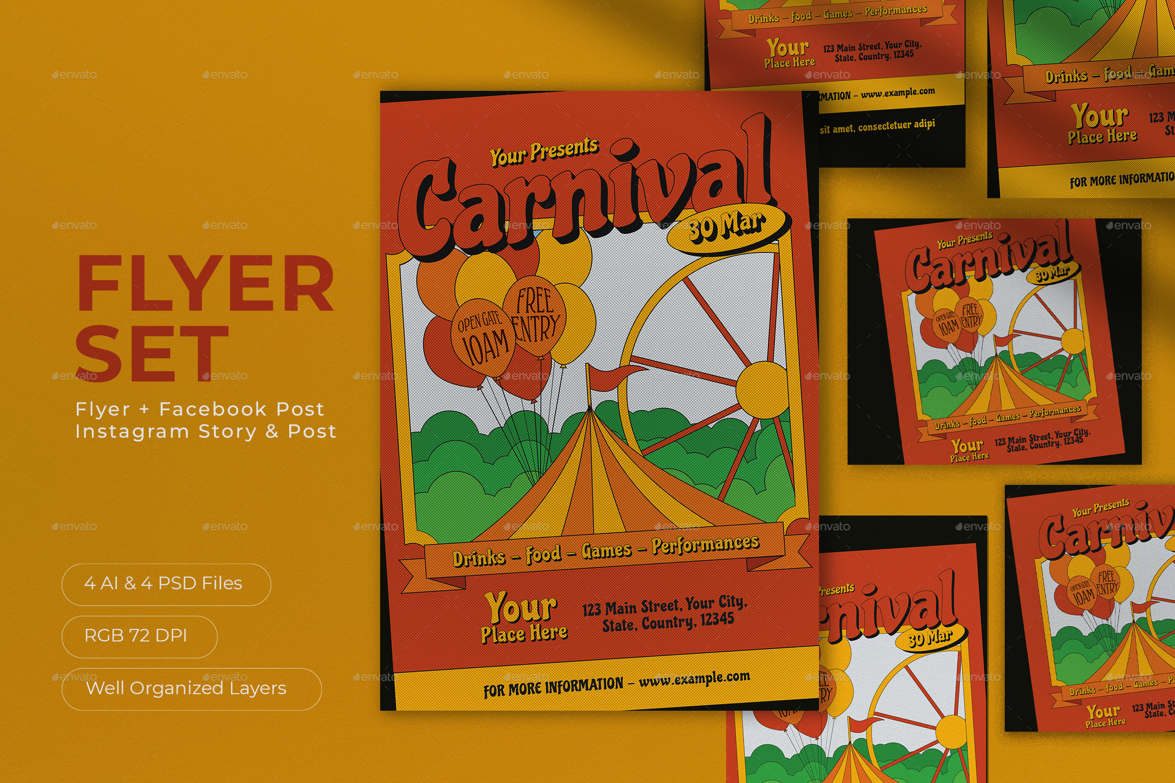 Red Flat Design Carnival Flyer Set, Print Templates | GraphicRiver