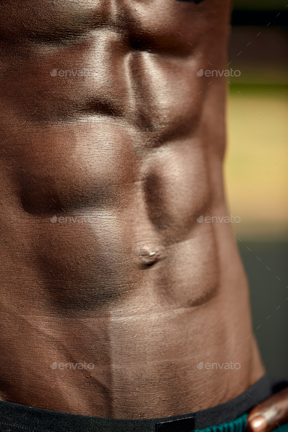Male muscular belly, close-up, black man's abdominal relief. Stock ...