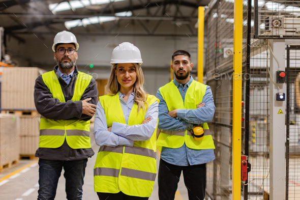 Portrait of team of warehouse employees standing in warehouse. Team of ...