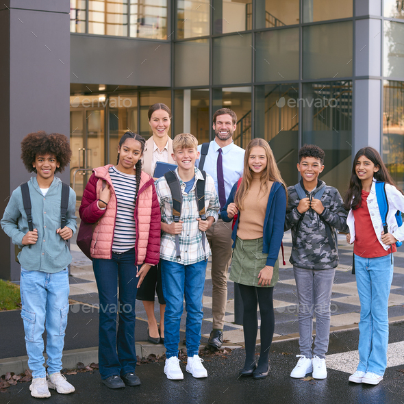 Portrait Of Class Of Secondary Or High School Pupils Standing Outside ...