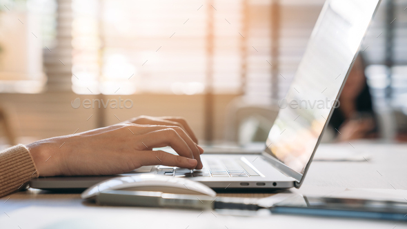 Close up hand of Team business woman using laptop while plan for ...