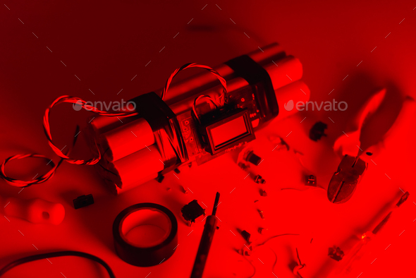 Creation of a bomb with a digital time mechanism Stock Photo by ivankmit