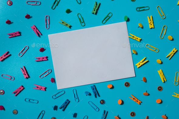 Empty white paper note frame border of school stationery supplies. Copy ...