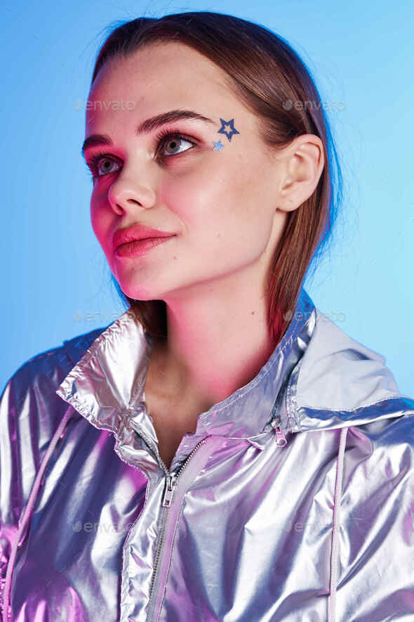 pretty woman silver jacket fashion modern style disco isolated ...