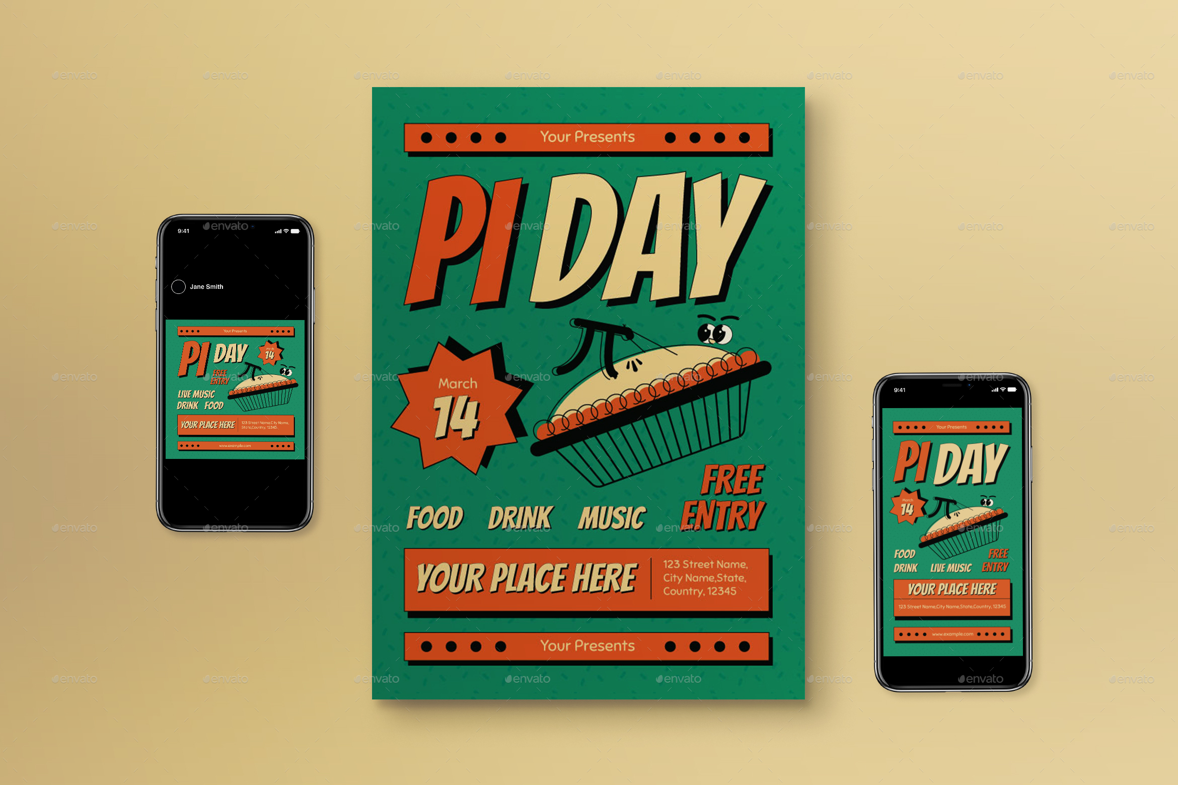Green Retro Pi Day Flyer Set, Print Templates | GraphicRiver