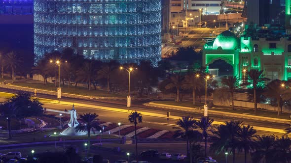 Doha Corniche with Coffee Pot Monument Night Timelapse, Stock Footage