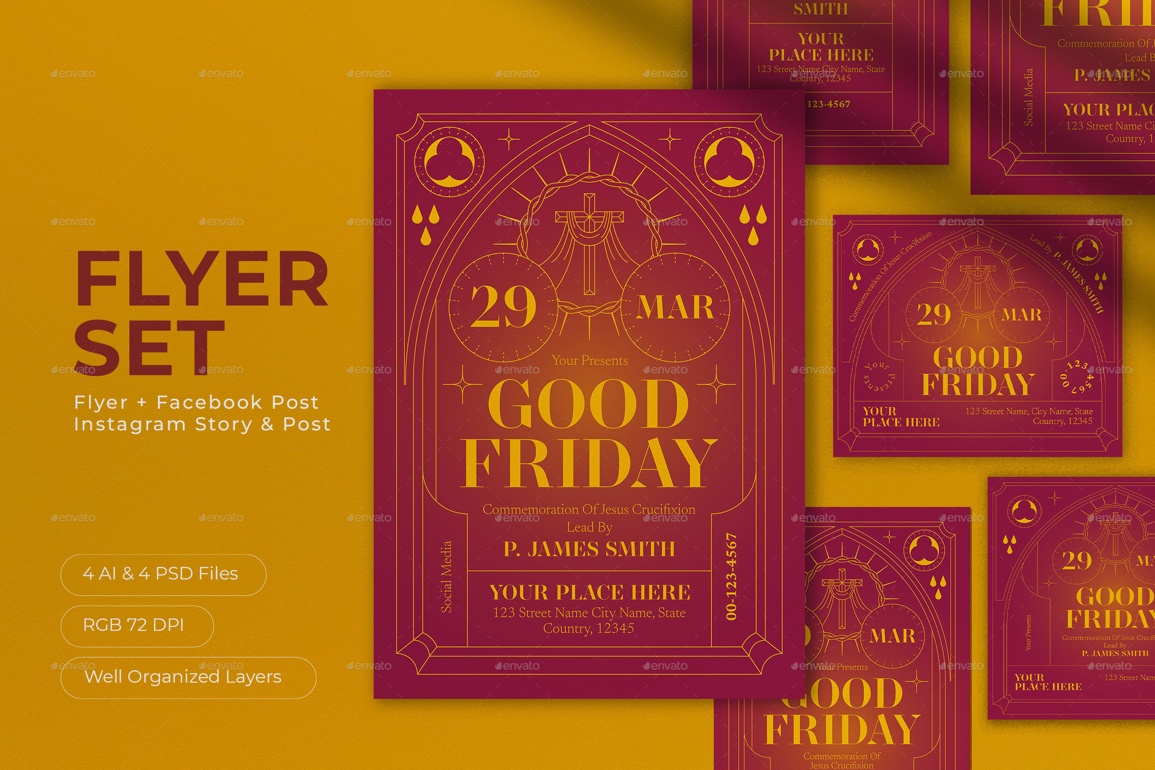 Red Art Deco Good Friday Flyer Set, Print Templates | GraphicRiver