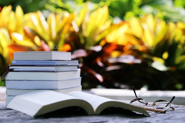 Pile of book in garden Stock Photo by wandeaw | PhotoDune