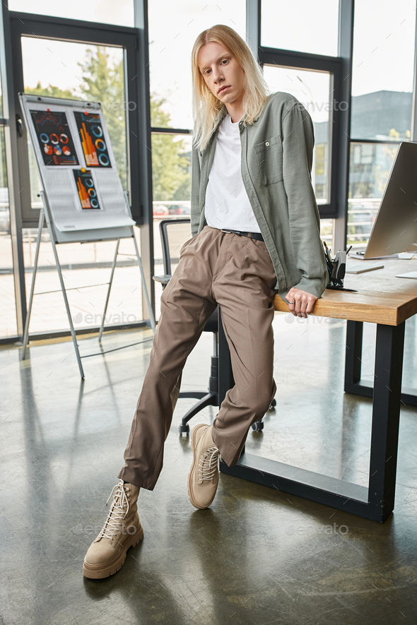 vertical shot of appealing long haired non binary person in business ...