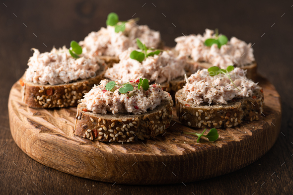bruschetta with tuna pate, fish rillettes Stock Photo by Chzu | PhotoDune