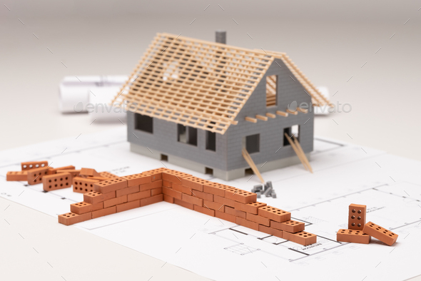 Bauhaus - project with bricks and building plan Stock Photo by Pasanheco