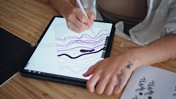 Artist hand creating pad sketch cozy place closeup. Woman zooming graphic tablet Stock Photo by ...