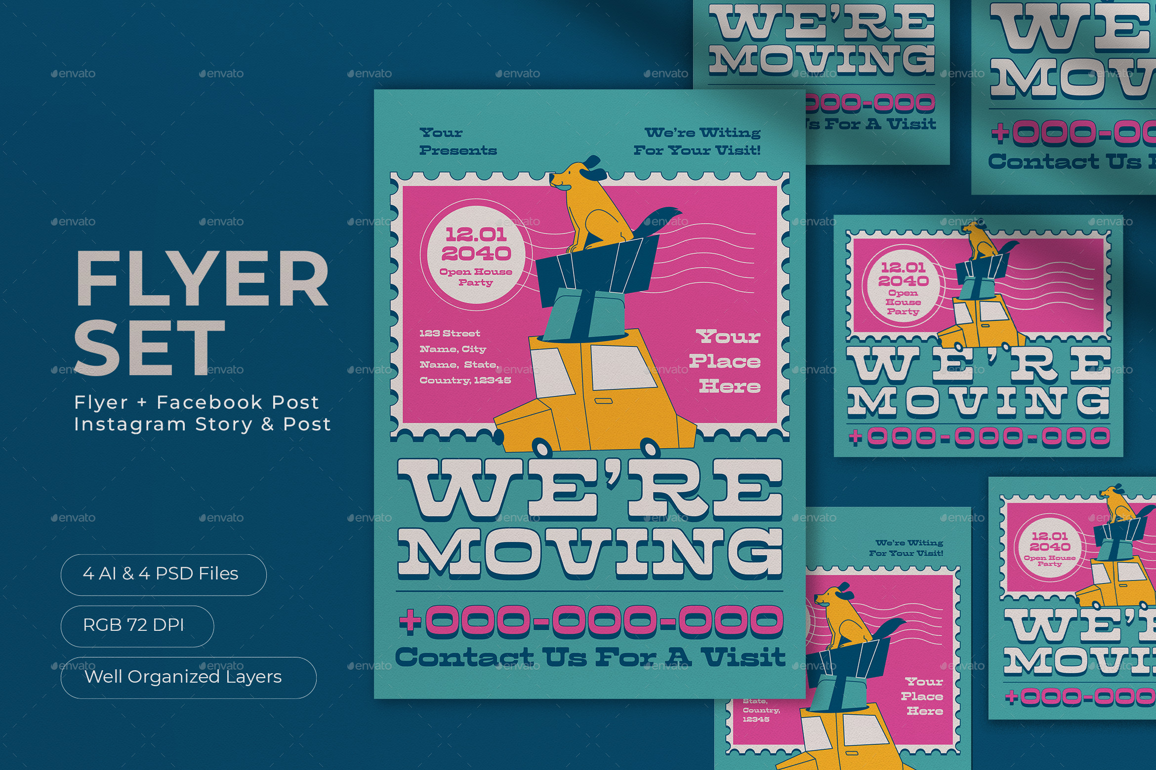 Teal Cartoon Were Moving Flyer Set, Print Templates | GraphicRiver