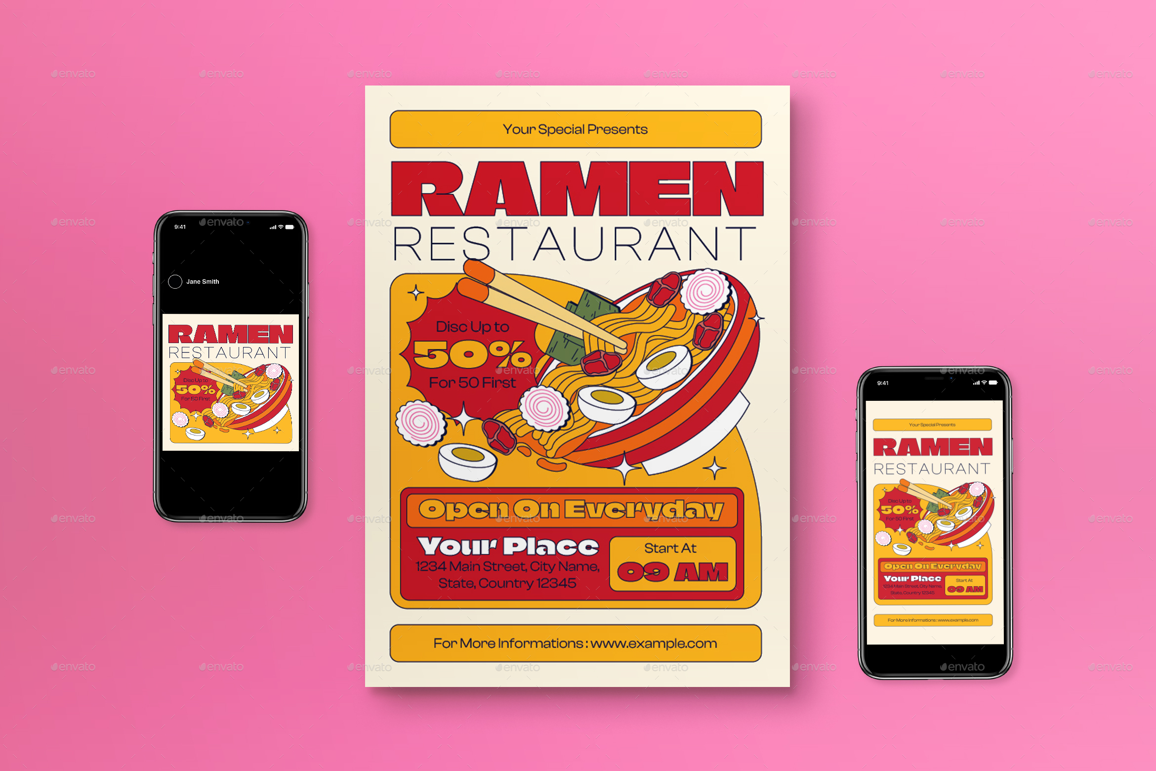Cream Retro Ramen Restaurant Flyer Set, Print Templates | GraphicRiver
