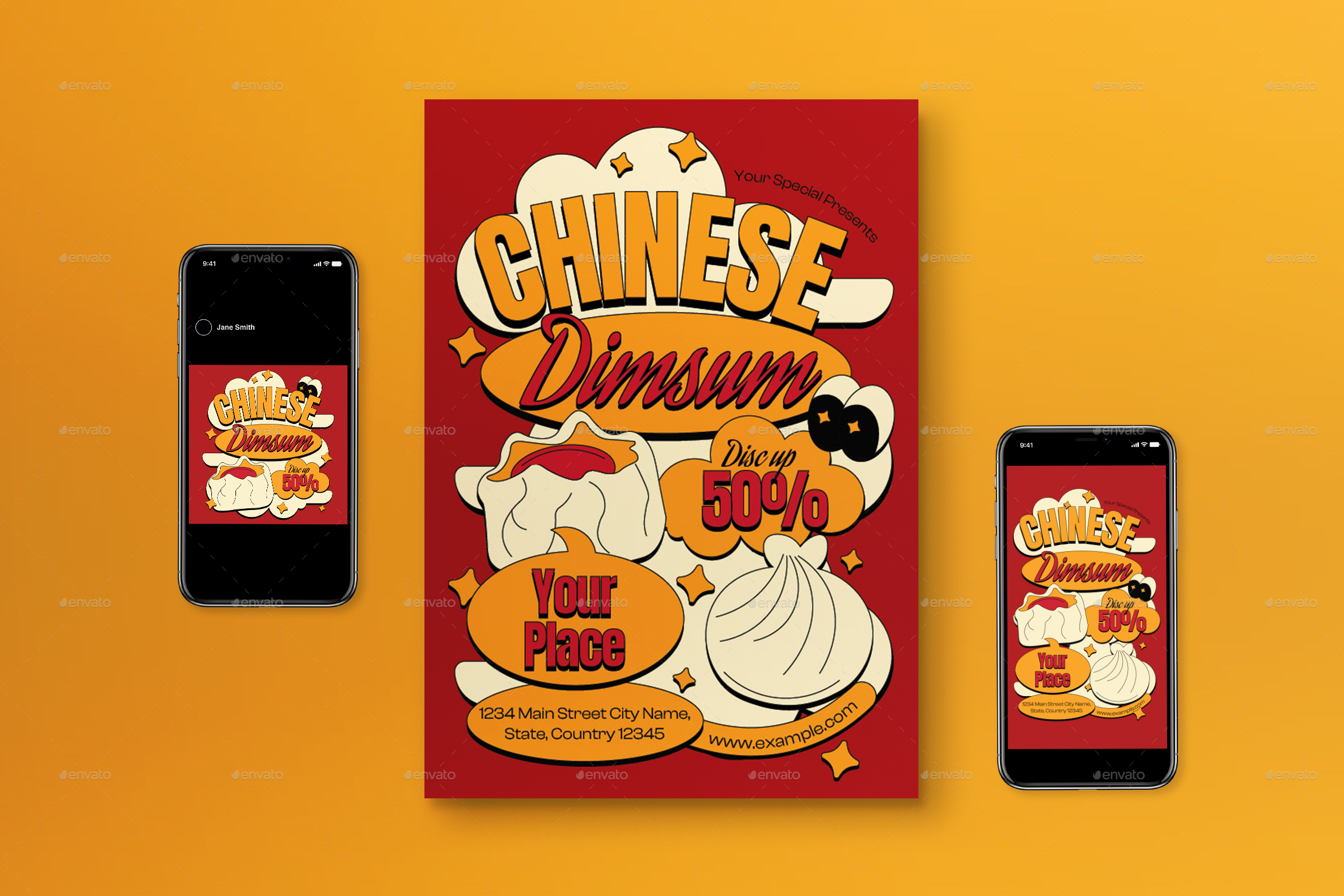 Red Yellow Retro Chinese Dim Sum Flyer Set, Print Templates | GraphicRiver