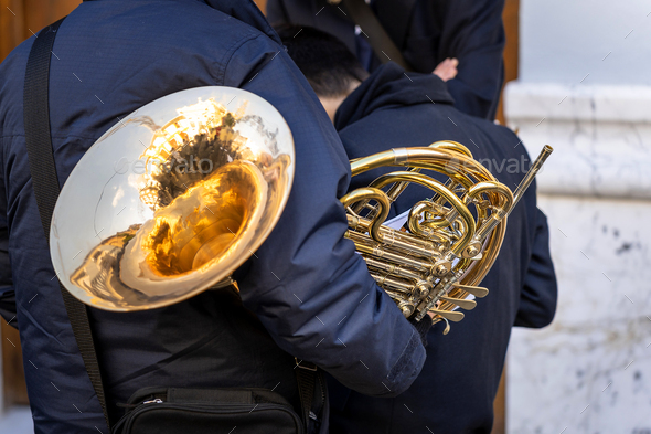 Wind instrument music band making music on the street. Stock Photo by ...