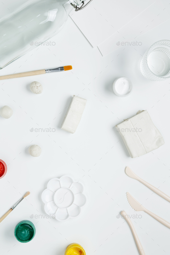 Hobby modeling from clay, tools and accessories for crafting on white ...