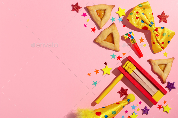 Purim border, carnival background with traditional hamantaschen cookies ...