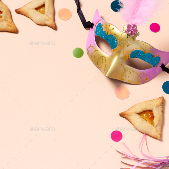 Purim frame, carnival background with traditional cookies, costume ...