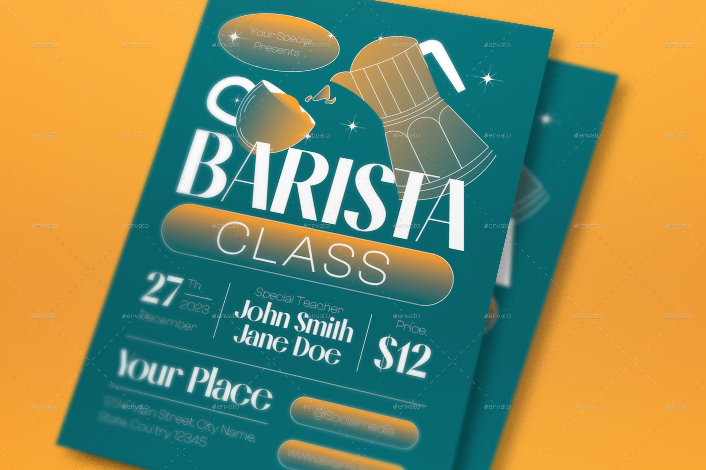 Green Yellow Art Deco Gradient Barista Class Flyer Set, Print Templates