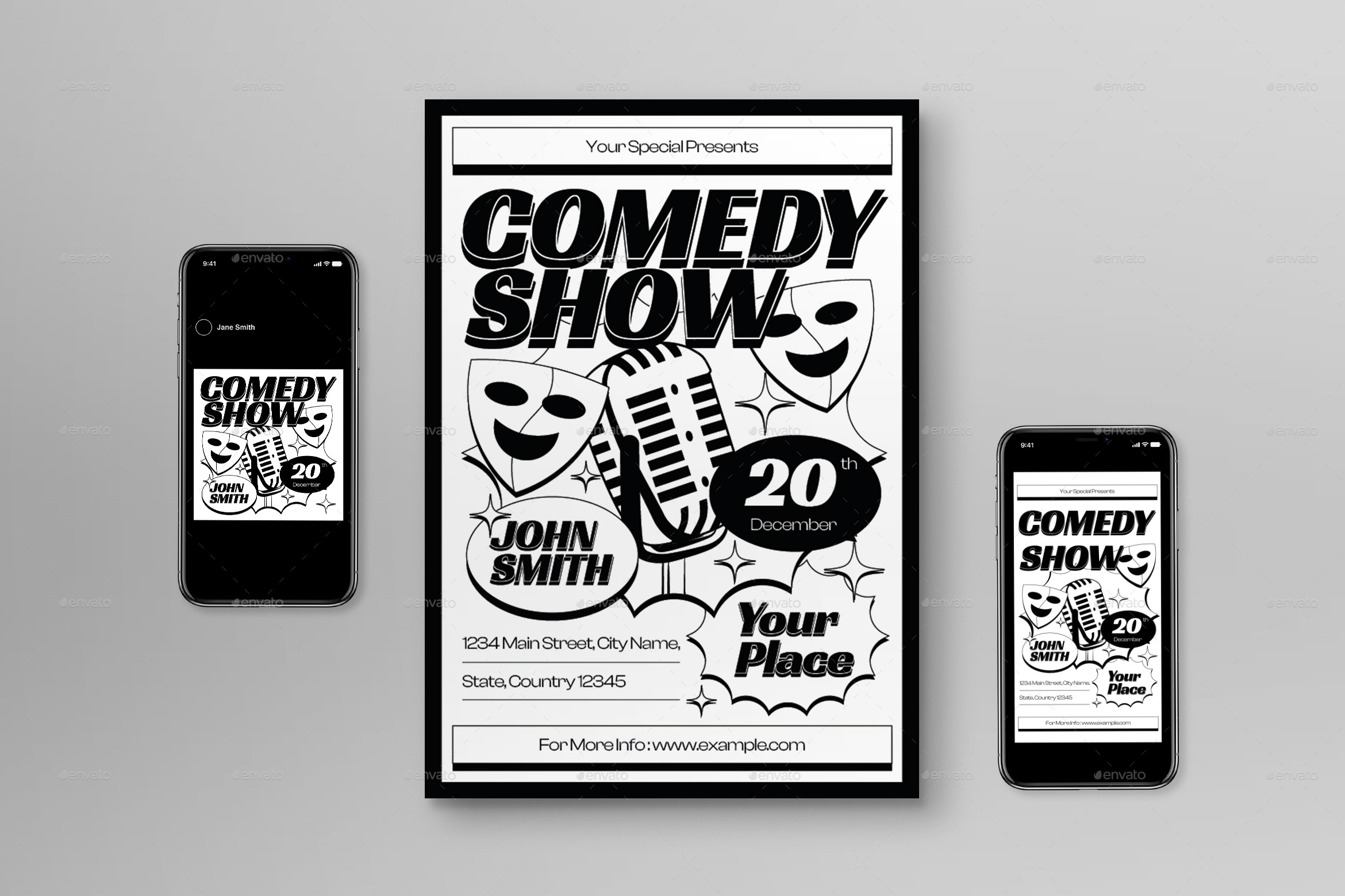 Monochrome Vintage Comedy Show Flyer Set, Print Templates | GraphicRiver