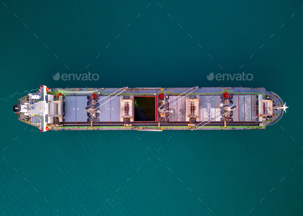 A massive cargo ship wood chips carrier in the sea, aerial view Stock ...
