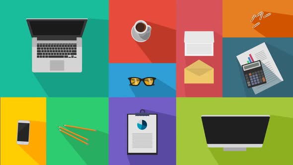 Colorful cartoon animation showing business accessories. Office concept ...