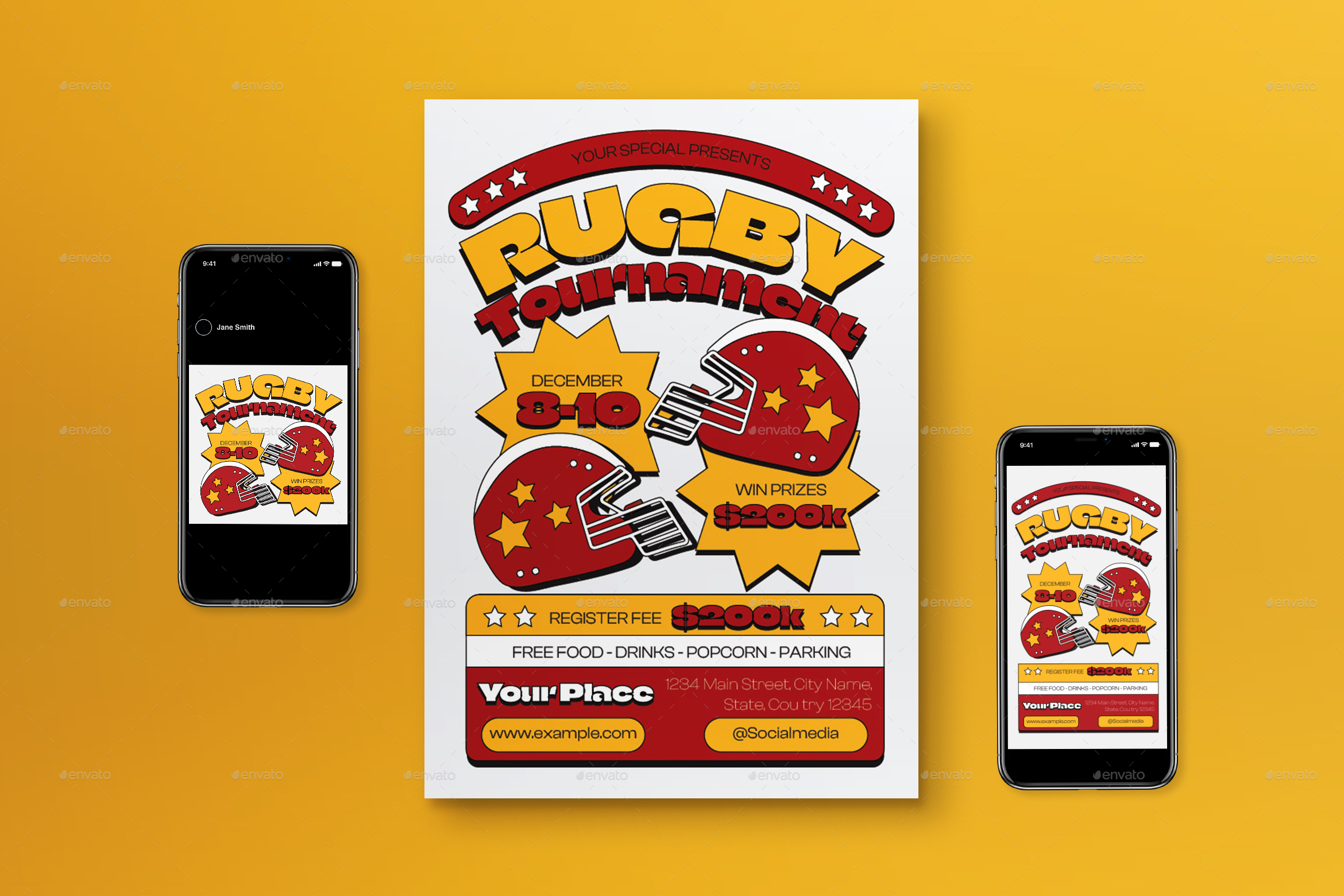 Red Yellow Retro Rugby Tournament Flyer Set, Print Templates | GraphicRiver