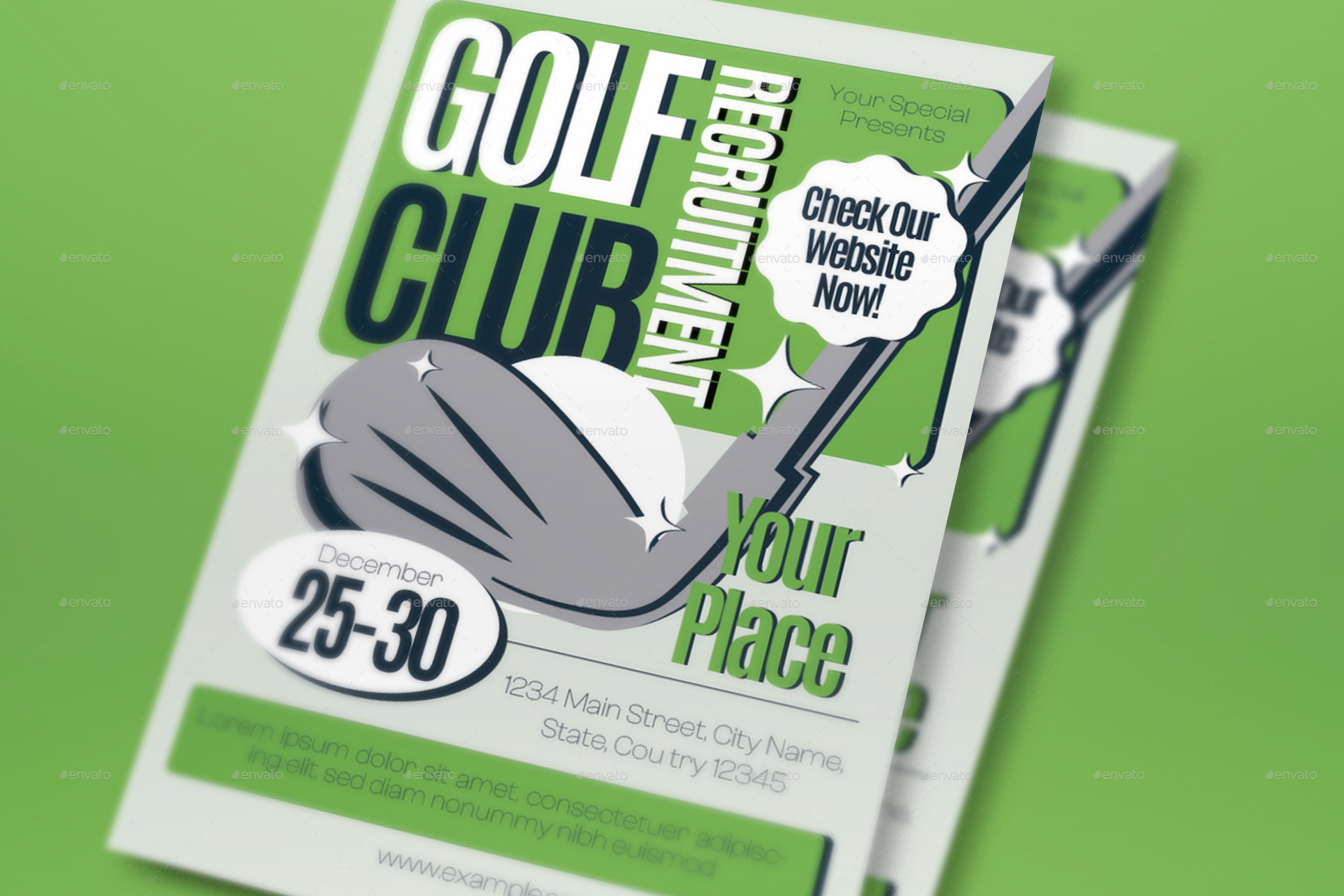 White Green Vintage Golf Club Recruitment Flyer Set, Print Templates