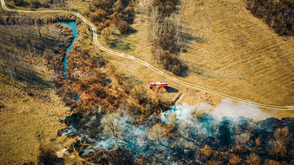 Aerial View. Spring Dry Grass Burns During Drought Hot Weather. Bush ...