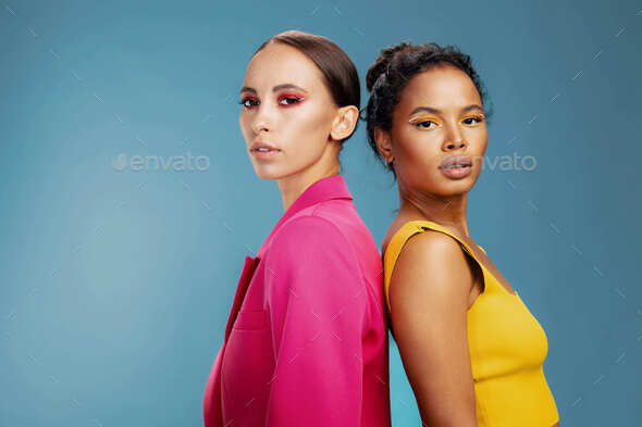 Skin woman face beauty model together two mixed studio happy race ...