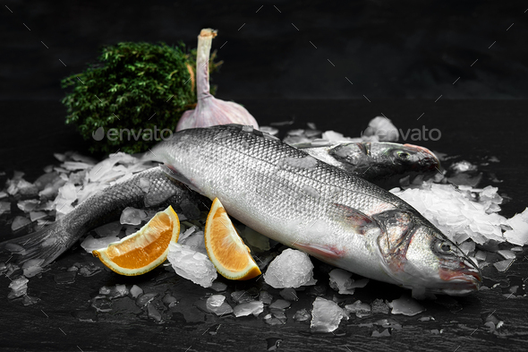 Raw fresh organic dorado or sea bream with lemon on ice cubes over ...