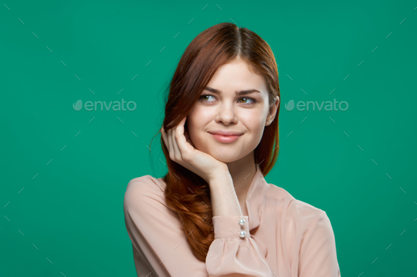 cheerful pretty woman pink shirt smile emotion cropped view isolated ...